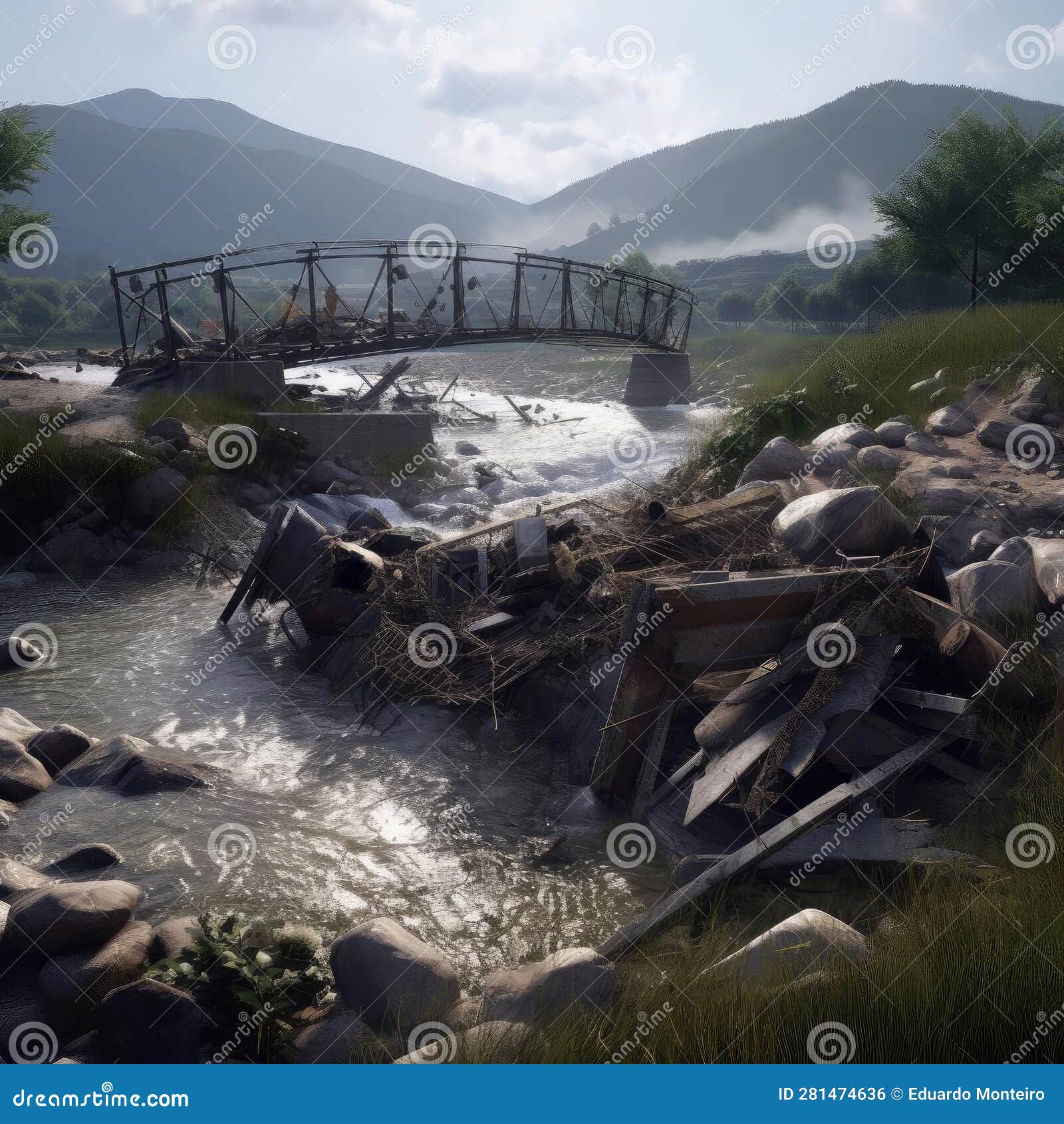 Broken Bridge Over the River in the Mountains - Conceptual Image Stock ...