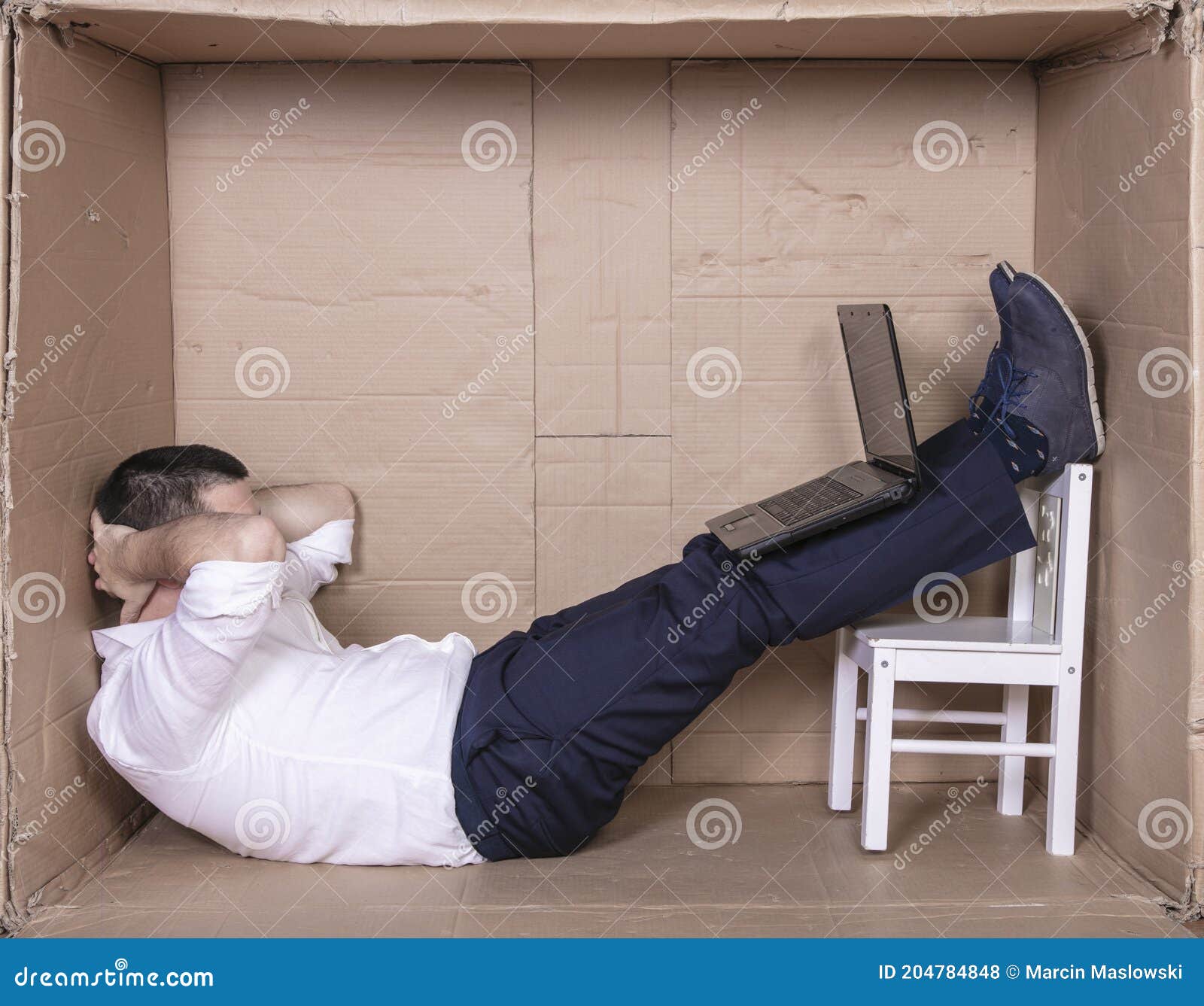 Broken Businessman in a Cardboard Office, Stress and Depression from ...