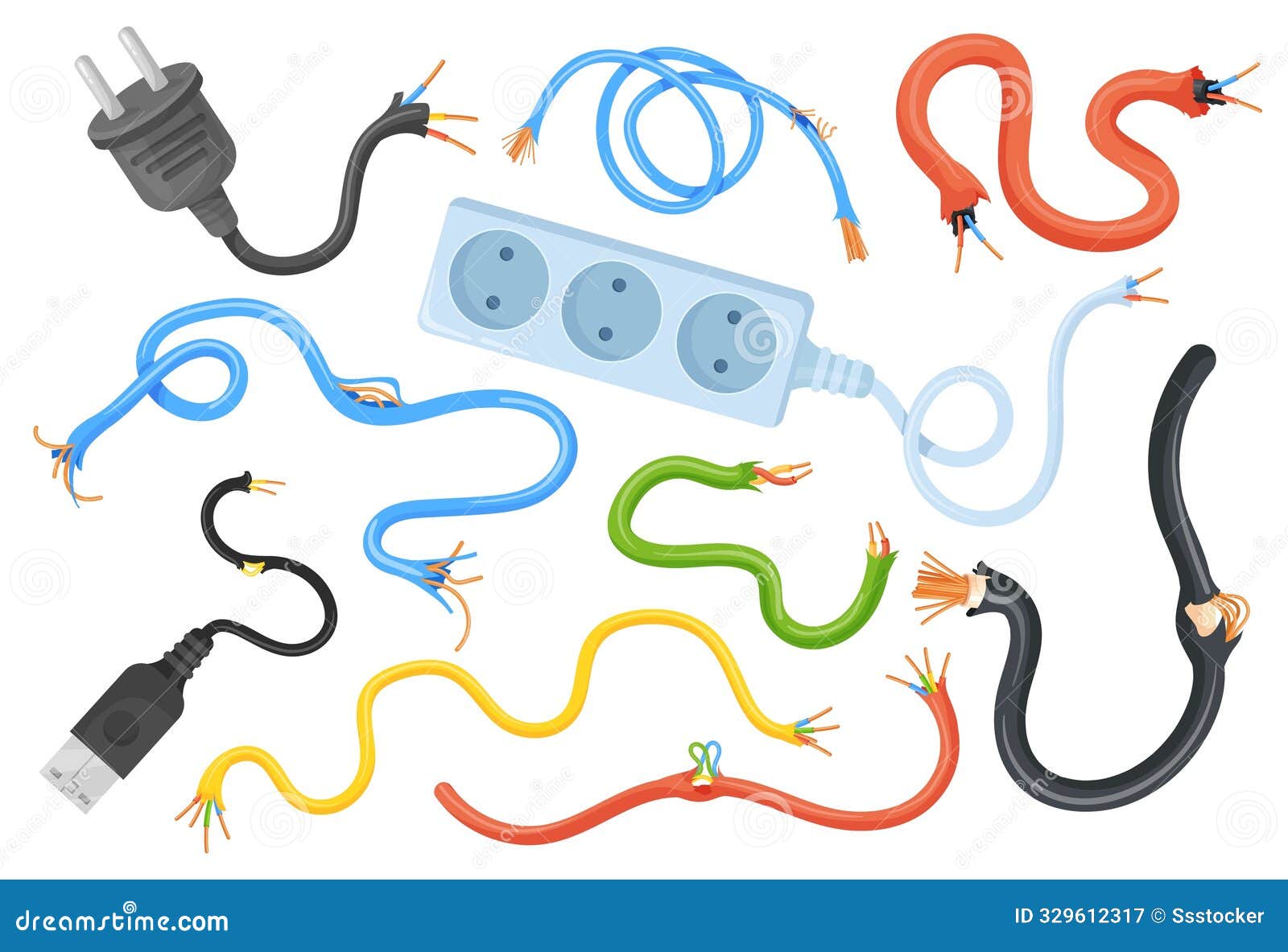 Torn Cables Multicolor Realistic Set. Remnants Of Wire, Pieces After ...