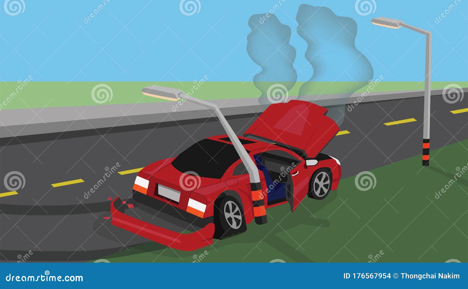 Damage Red Car Crash Pole Electric City Accident Cannot Drive. Vector ...