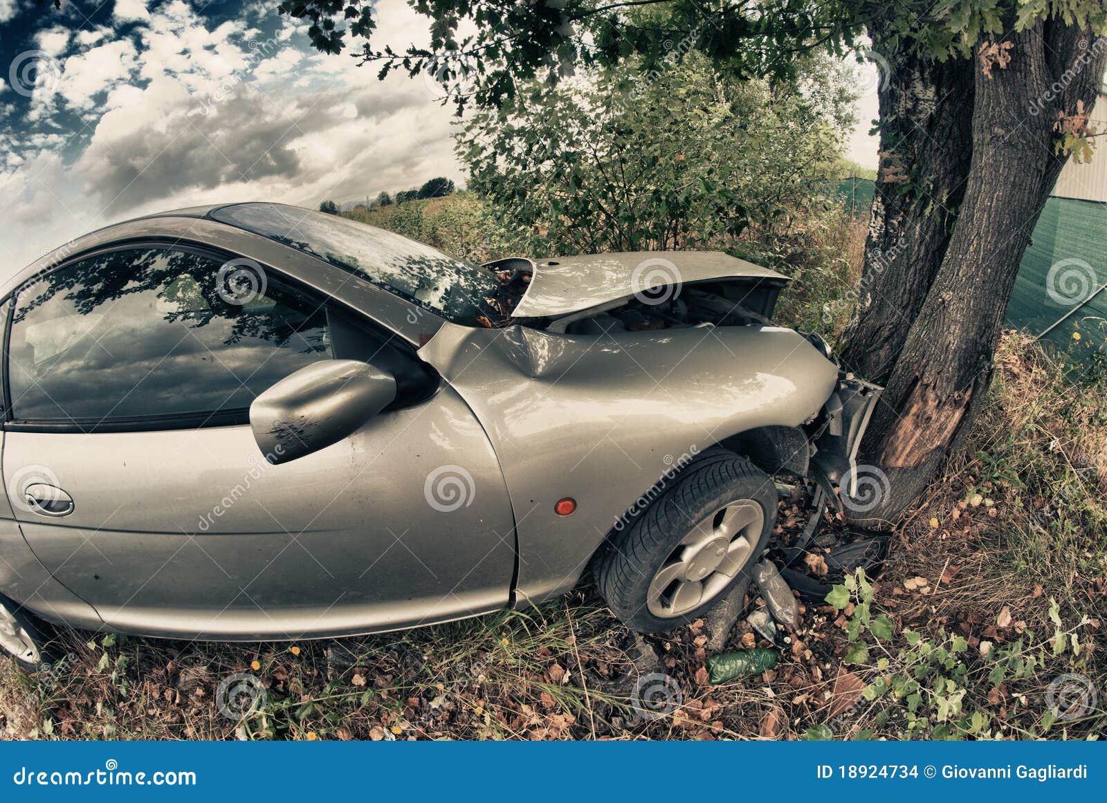 Broken Car after an Accident Against a Tree Stock Photo - Image of ...