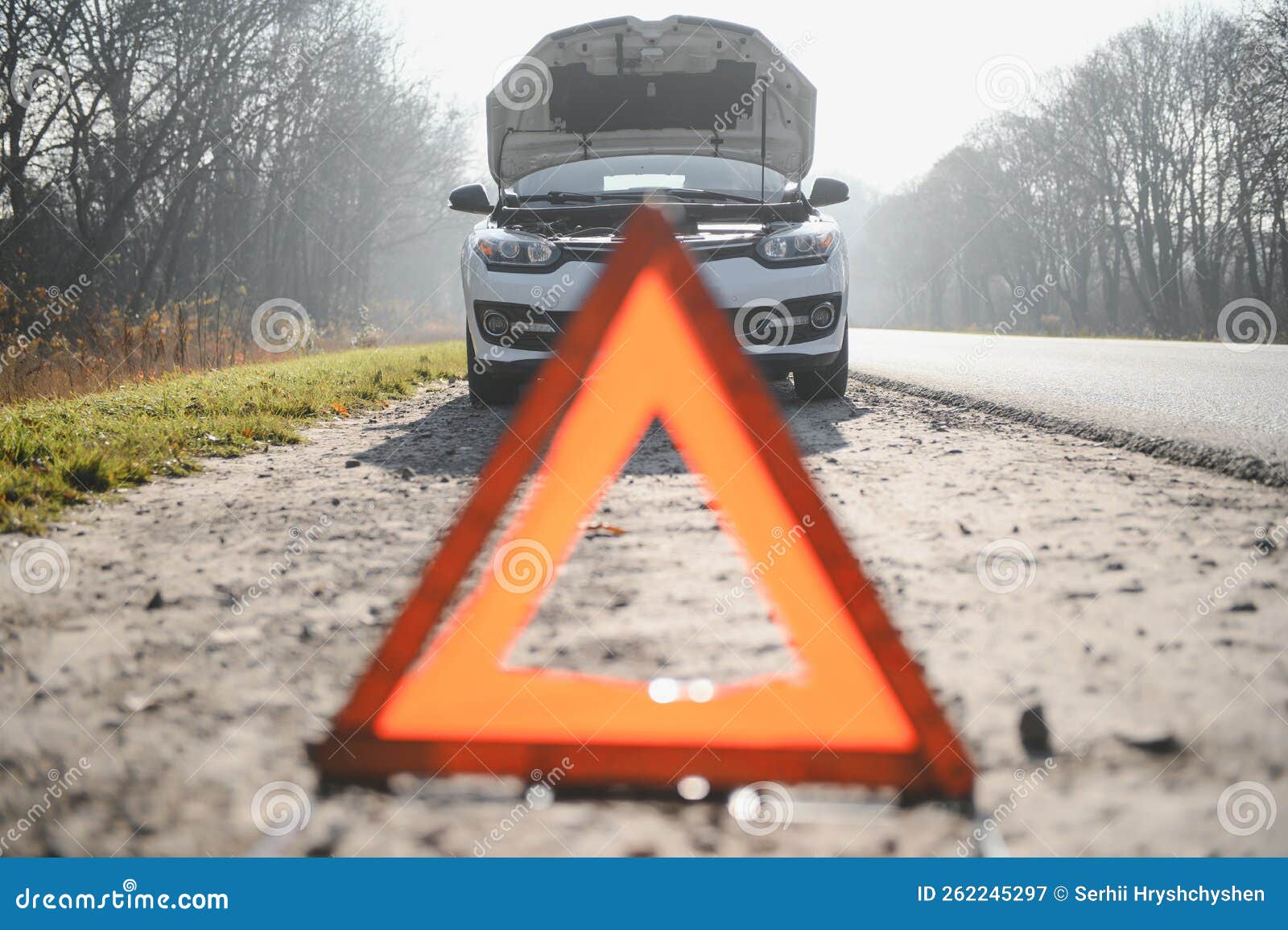Broken Car Concept, Breakdown Triangle on Road Stock Image - Image of ...