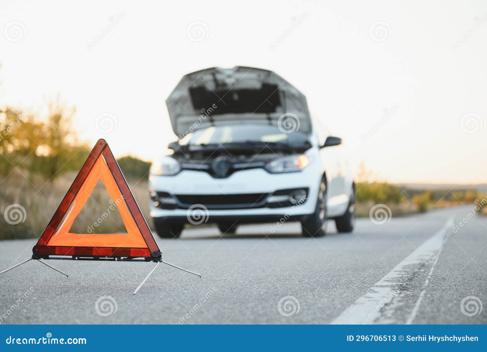 Broken Car Concept, Breakdown Triangle on Road Stock Image - Image of ...