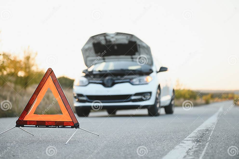 Broken Car Concept, Breakdown Triangle on Road Stock Image - Image of ...