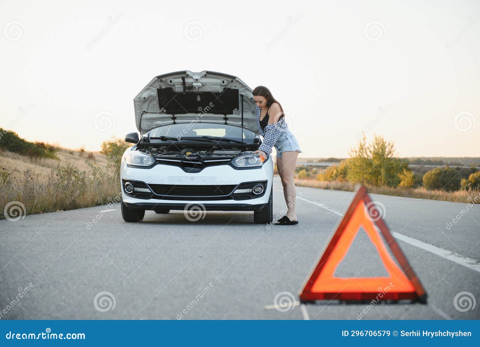 Broken Car Concept, Breakdown Triangle on Road Stock Image - Image of ...