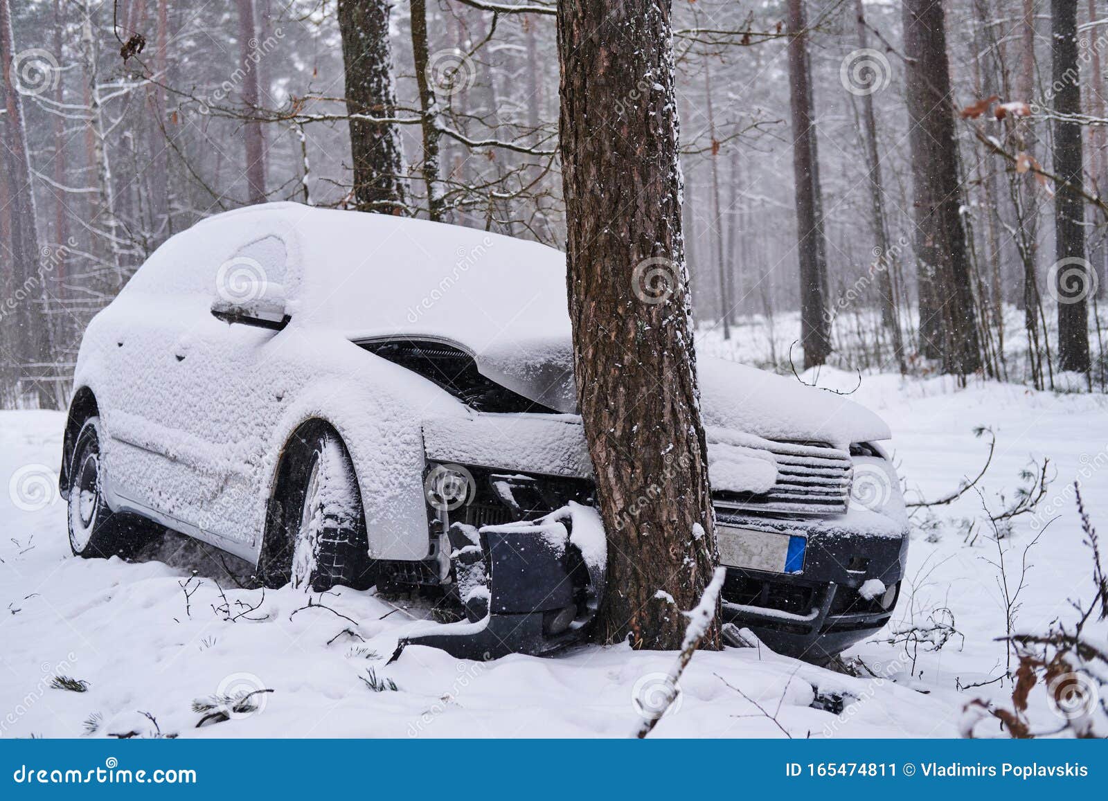 Broken Car Crashes into Tree after Losing Control on Slippery Road in ...