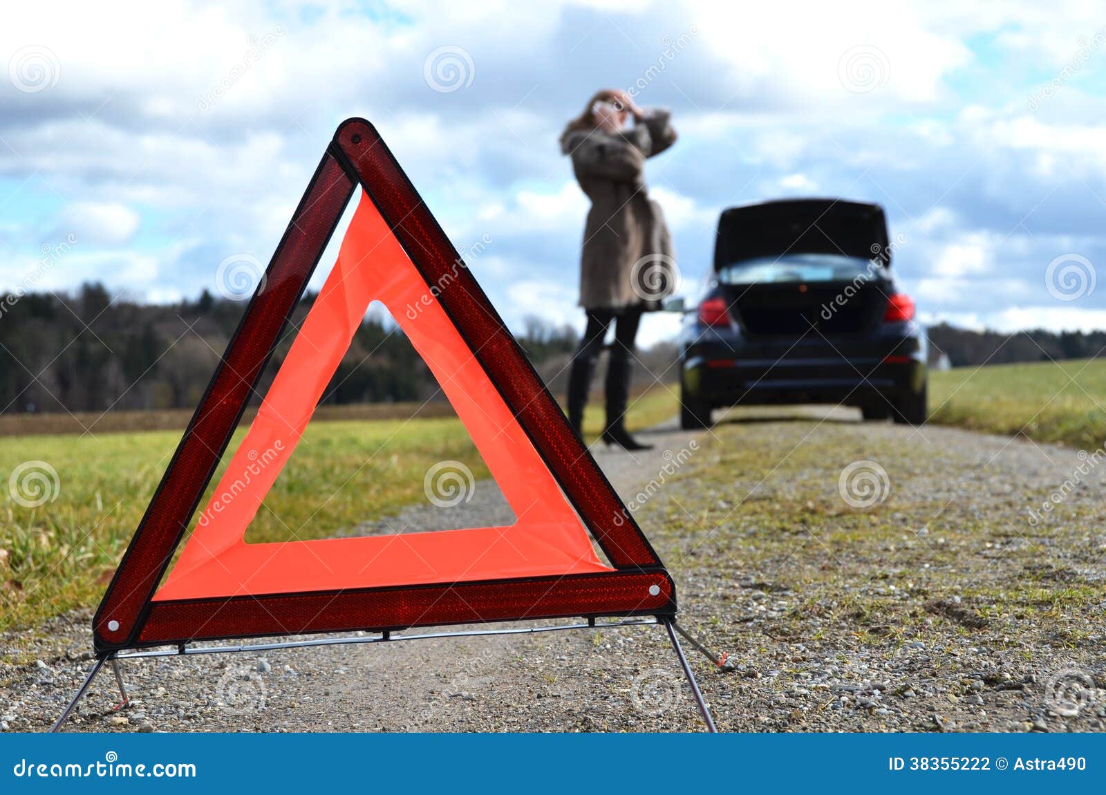 Broken Car, Girl and Warning Triangle Stock Photo - Image of repairing ...