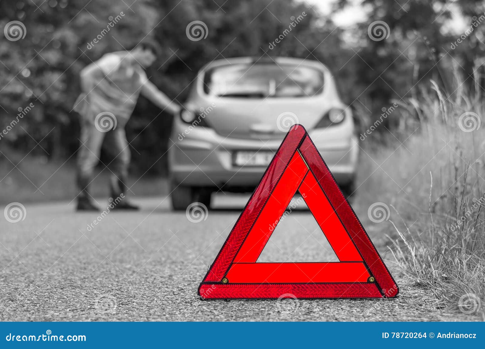 Broken Car on the Road and Unhappy Driver with Red Triangle Stock Photo ...