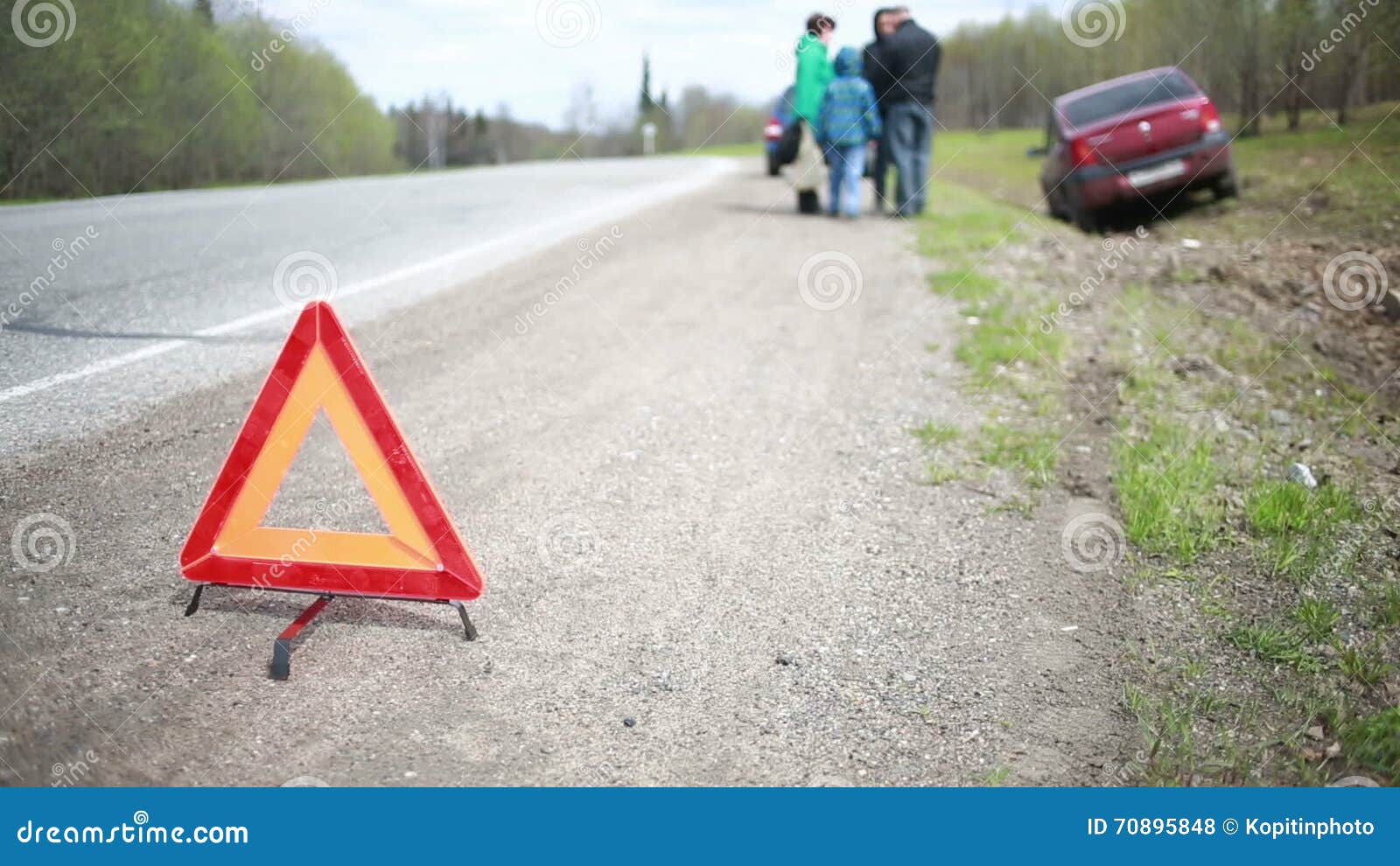 Broken Car on the Roadside. Red Warning Triangle Stock Footage - Video ...