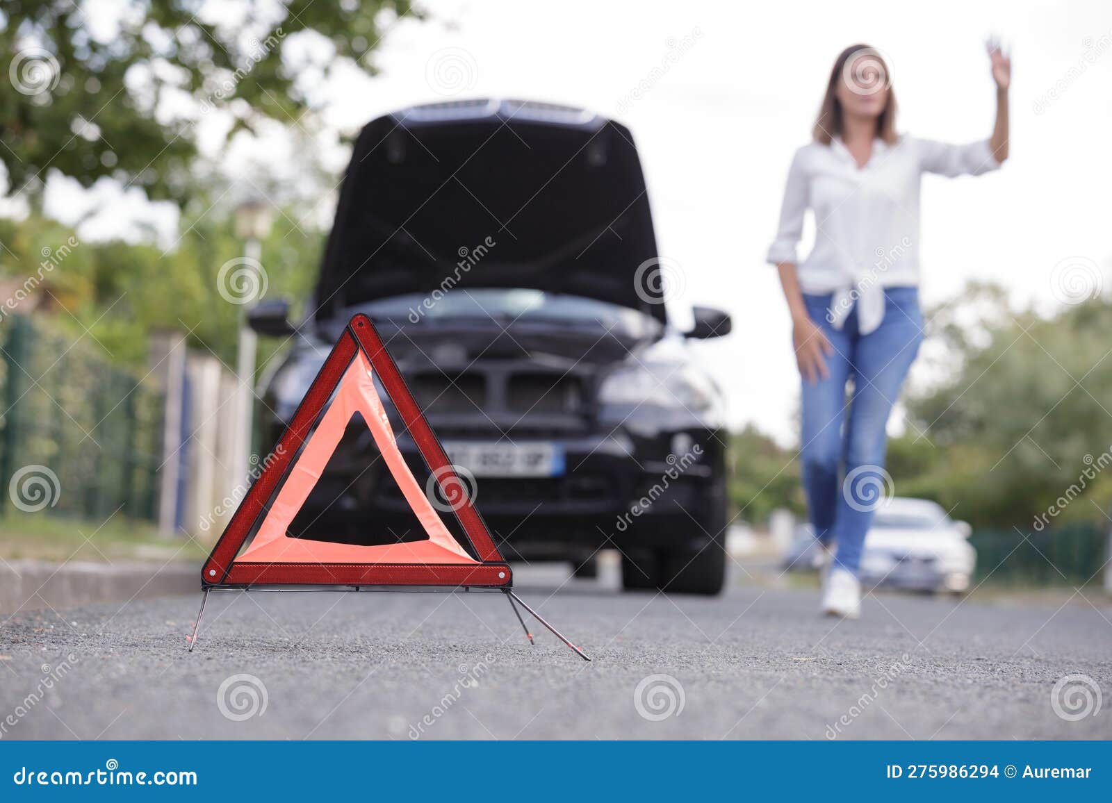 Broken car triangle sign stock photo. Image of vehicle - 275986294