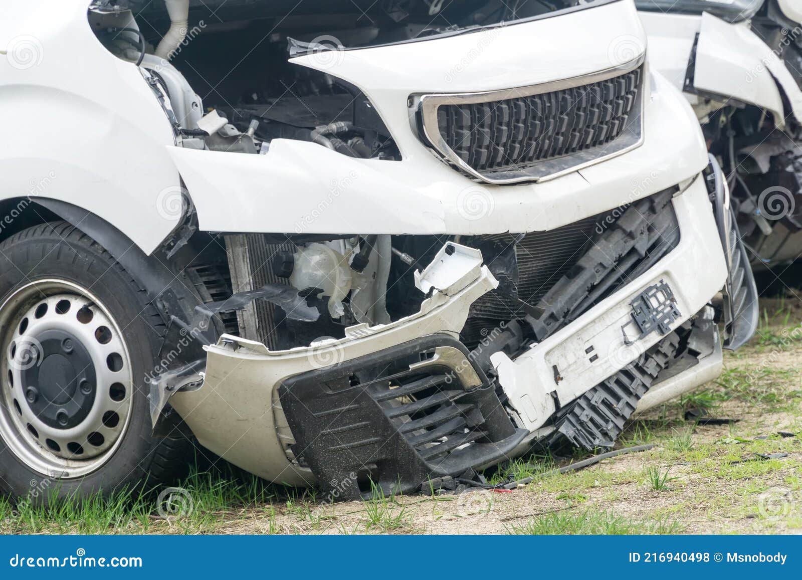 Broken Car White Van after Frontal Collision. Closeup Stock Photo ...