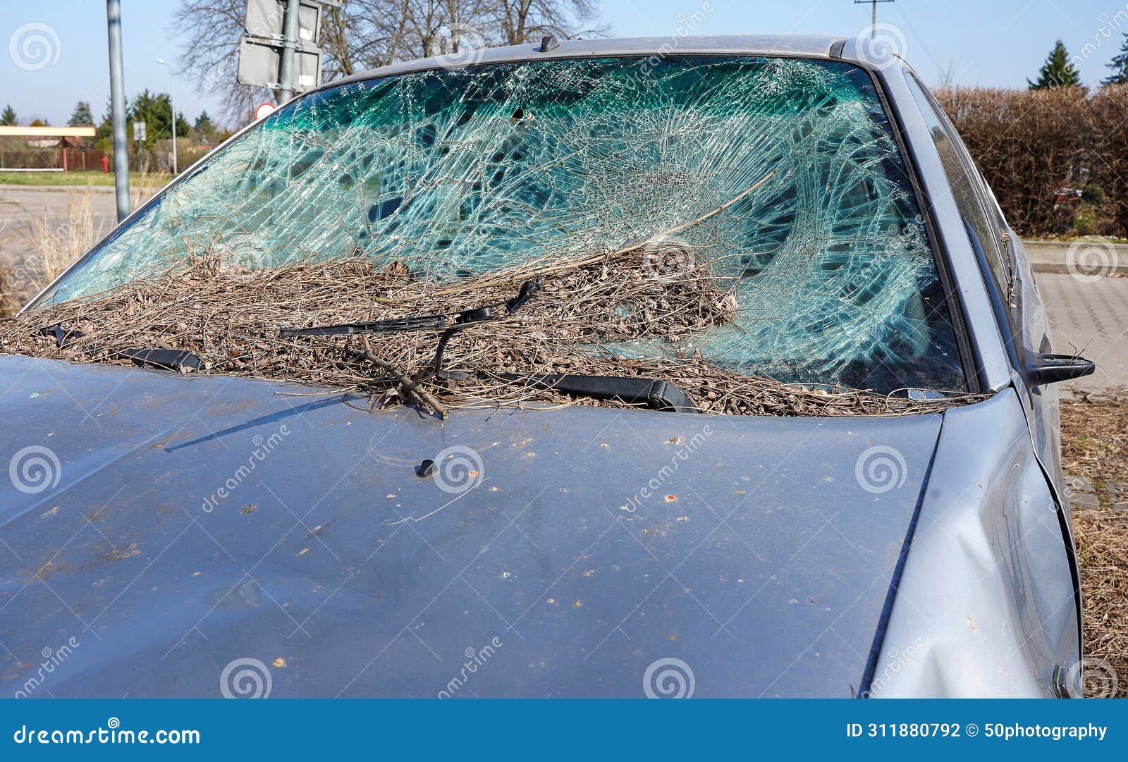 Broken Car Windshield. Old and Abandoned Car on the Parking. Smashed ...