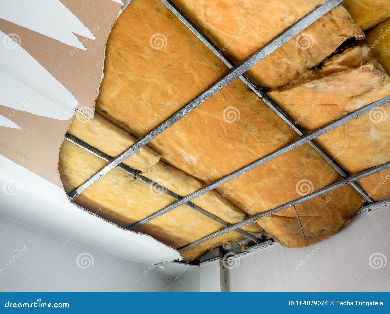 Broken Ceiling. Destroyed White Ceiling with Visible Structure Inside ...
