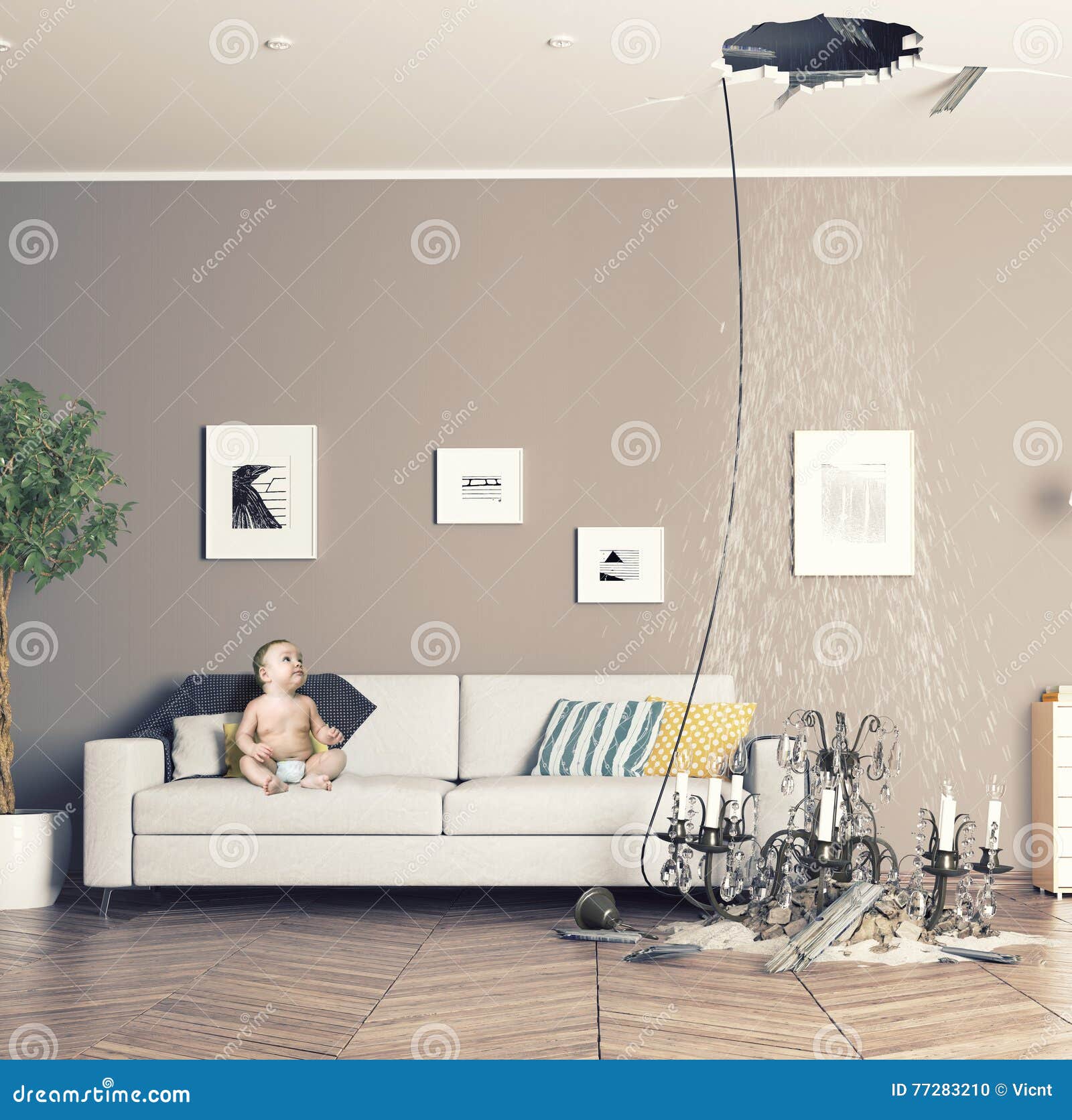 Broken ceiling in the room stock photo. Image of insurance - 77283210