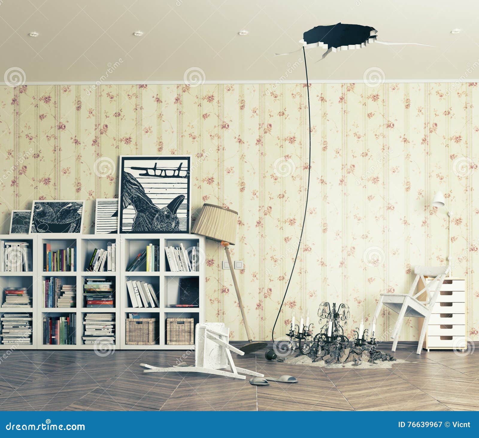 Broken ceiling in the room stock illustration. Illustration of building ...