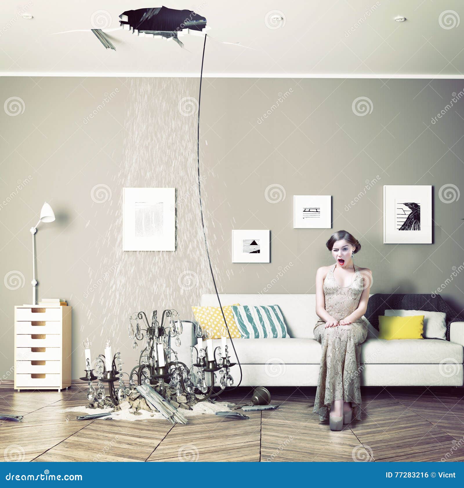 Broken ceiling in the room stock illustration. Illustration of ...
