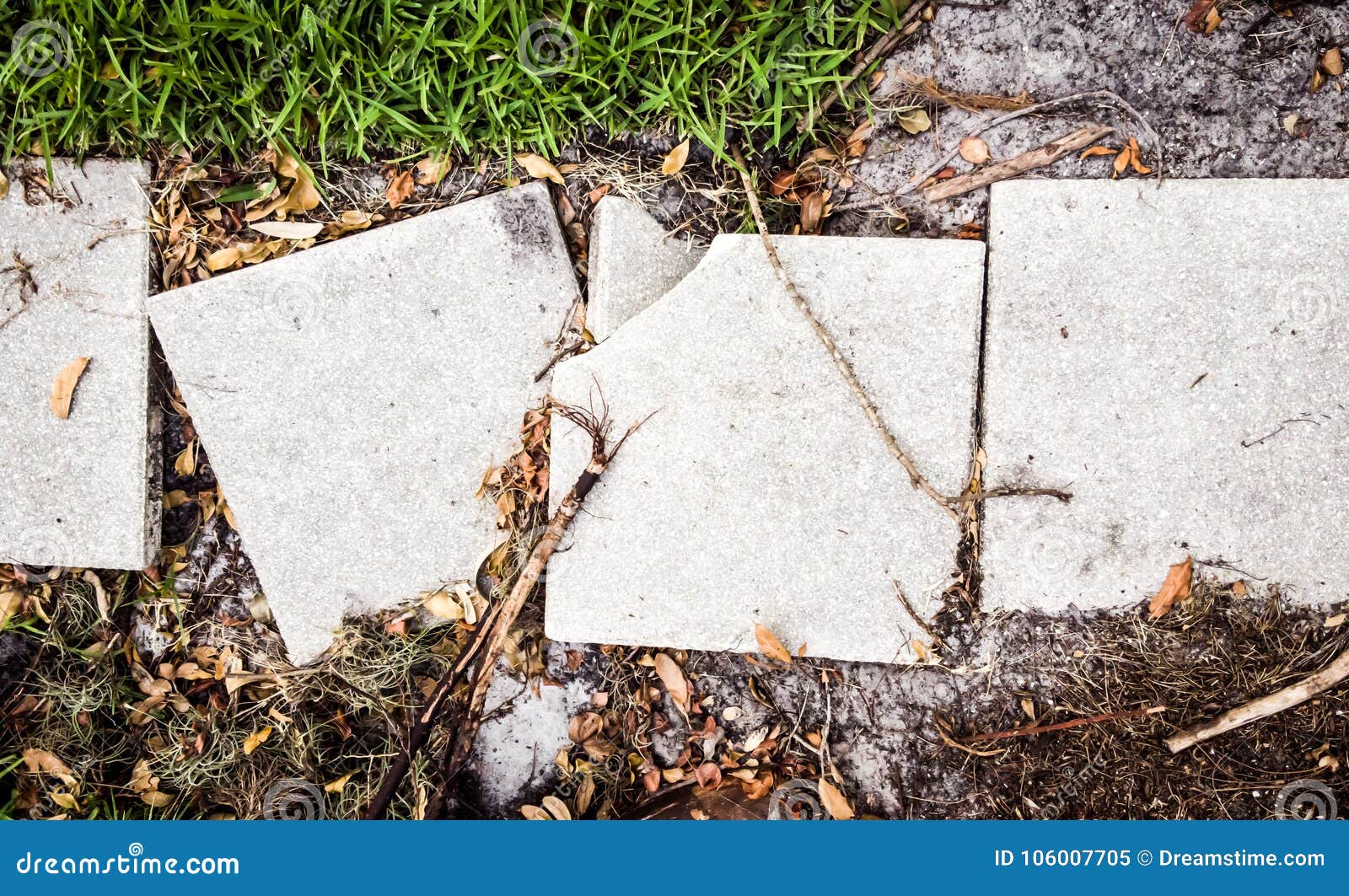 Broken Cement Sidewalk Slabs on a Path. Stock Image - Image of cement ...