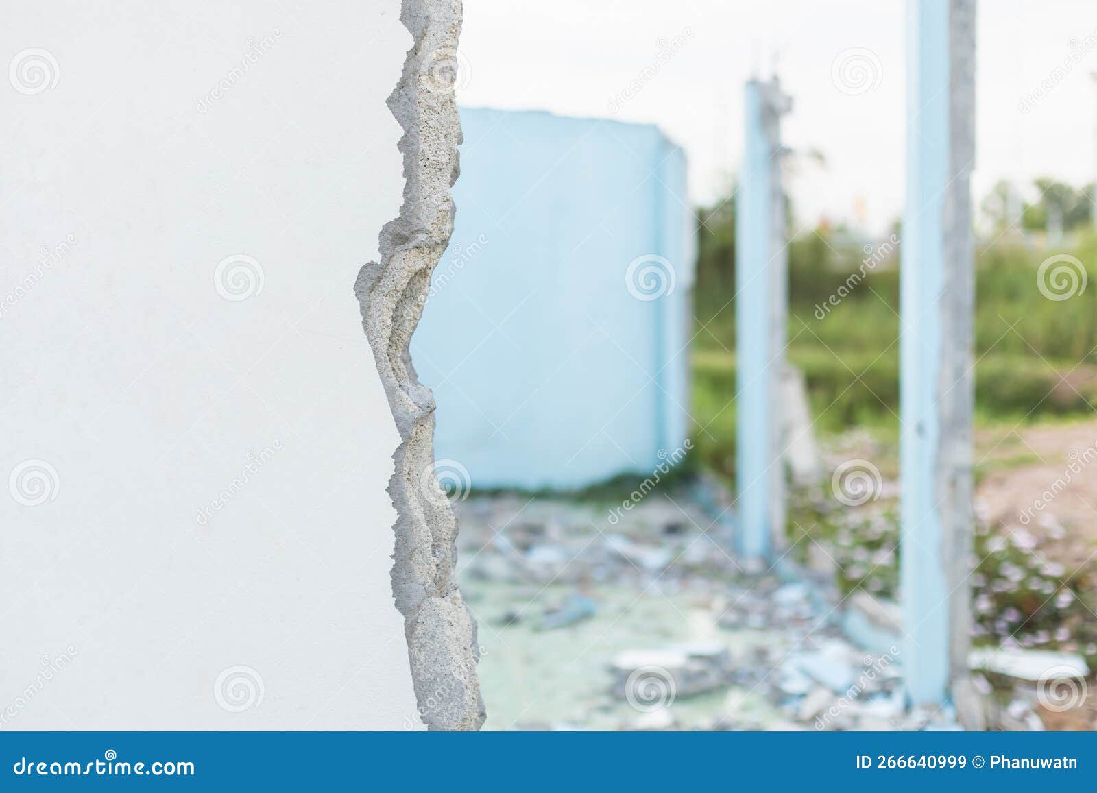 Broken Cement Wall in Process of Break House on Blur Stock Image ...