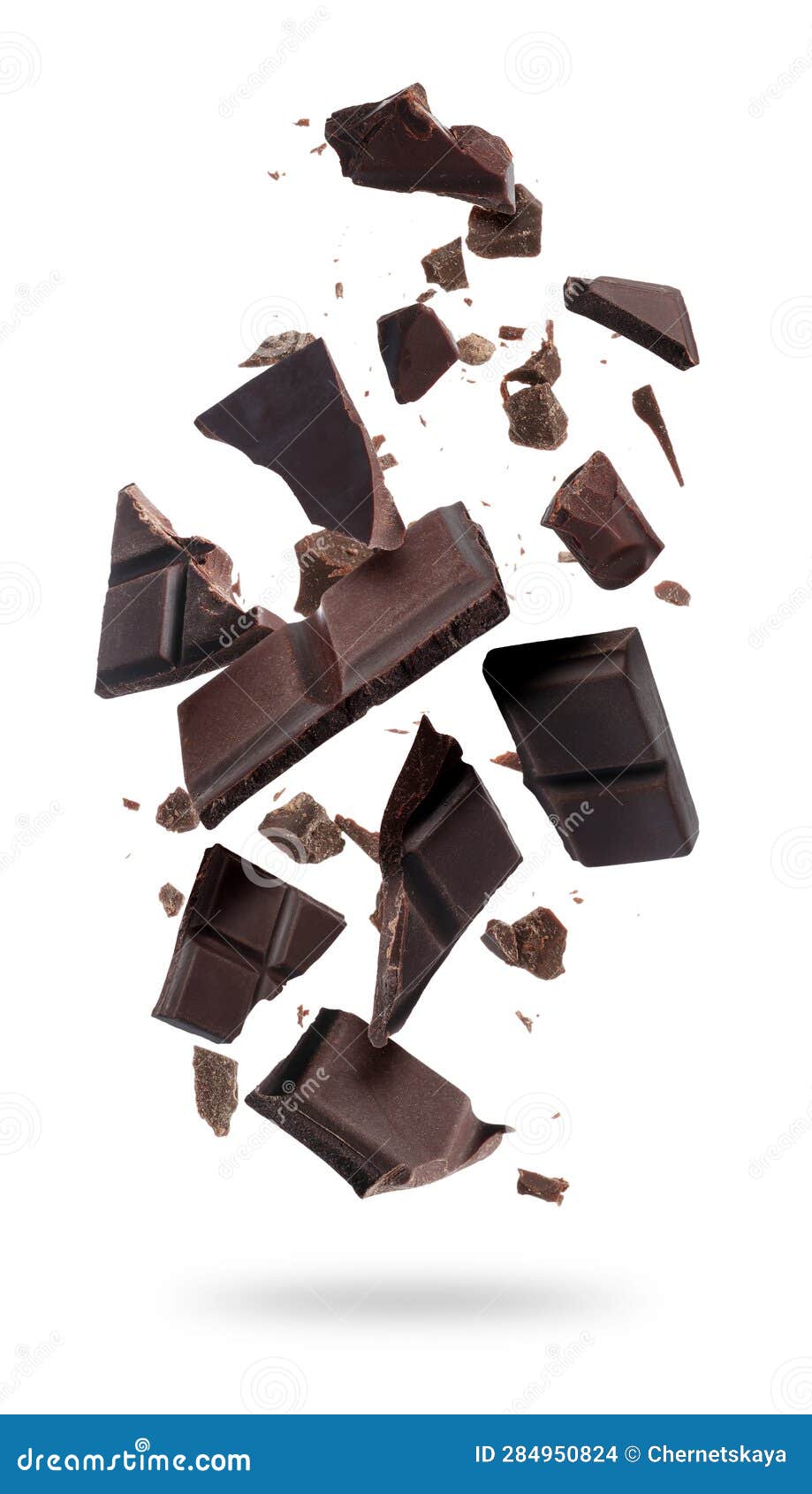 Broken Chocolate Bar Pieces Falling on White Background Stock Photo ...