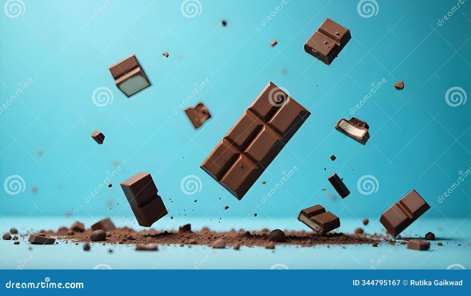Broken Chocolate Bars Pieces Floating Against Light Blue Background ...
