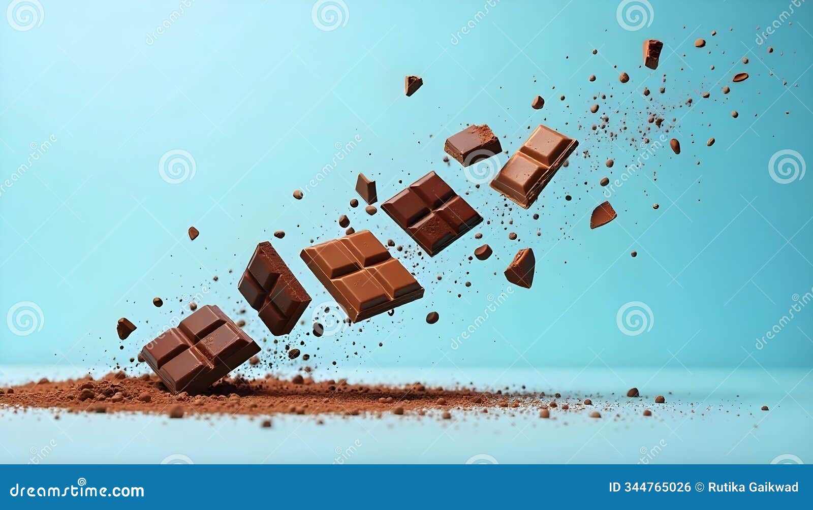 Broken Chocolate Bars and Pieces Flying Against Light Blue Background ...