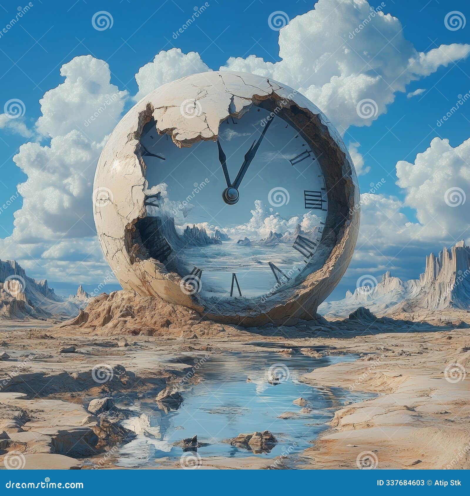 Broken Clock in Desert Landscape Surreal Time Concept Stock Image ...