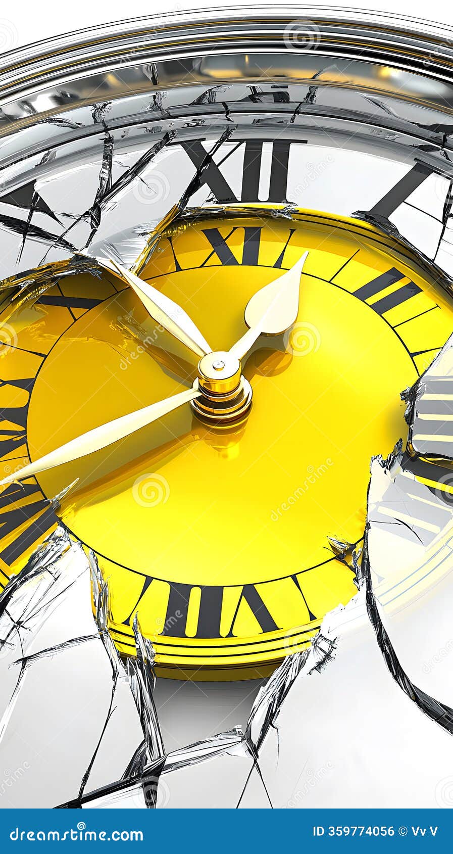 Broken Clock with Yellow Face and Shattered Glass Stock Photo - Image ...