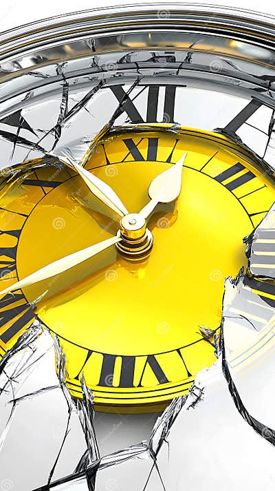 Broken Clock with Yellow Face and Shattered Glass Stock Photo - Image ...