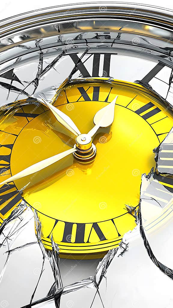 Broken Clock with Yellow Face and Shattered Glass Stock Photo - Image ...