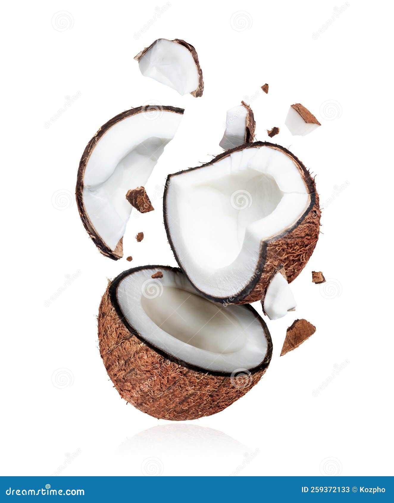 Broken Coconut Closeup in the Air Isolated on White Background Stock ...