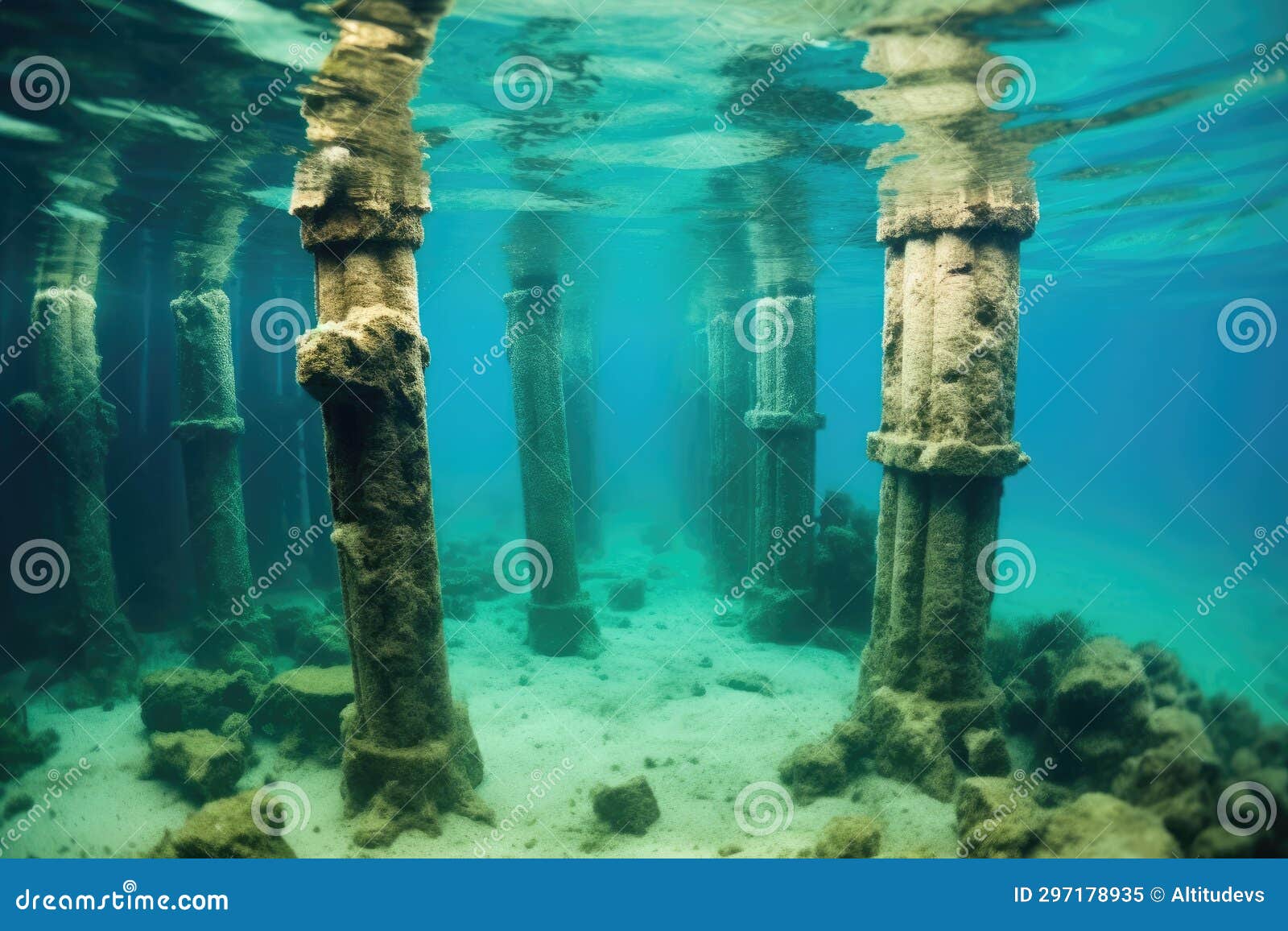 Broken Columns of an Old Temple Underwater Stock Image - Image of ...