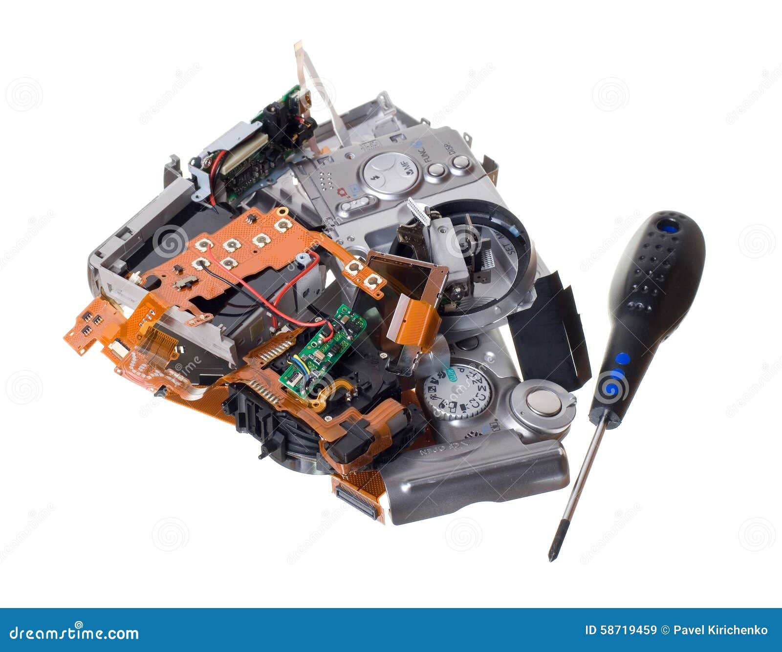 Broken Compact Digital Camera Spare Parts Isolated on White Stock Image ...