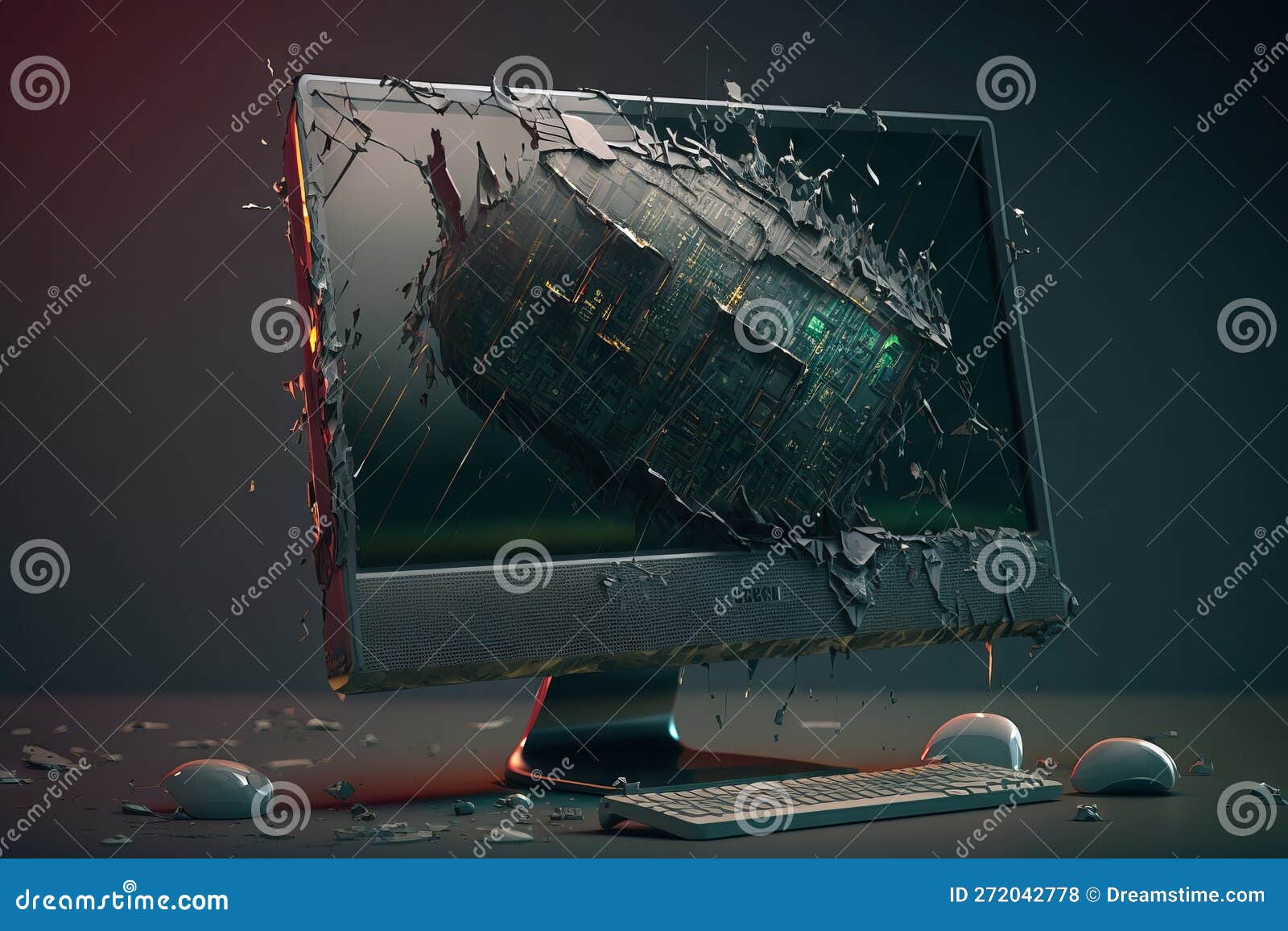 Broken Computer Monitor with Broken Screen on Table. Generative AI ...