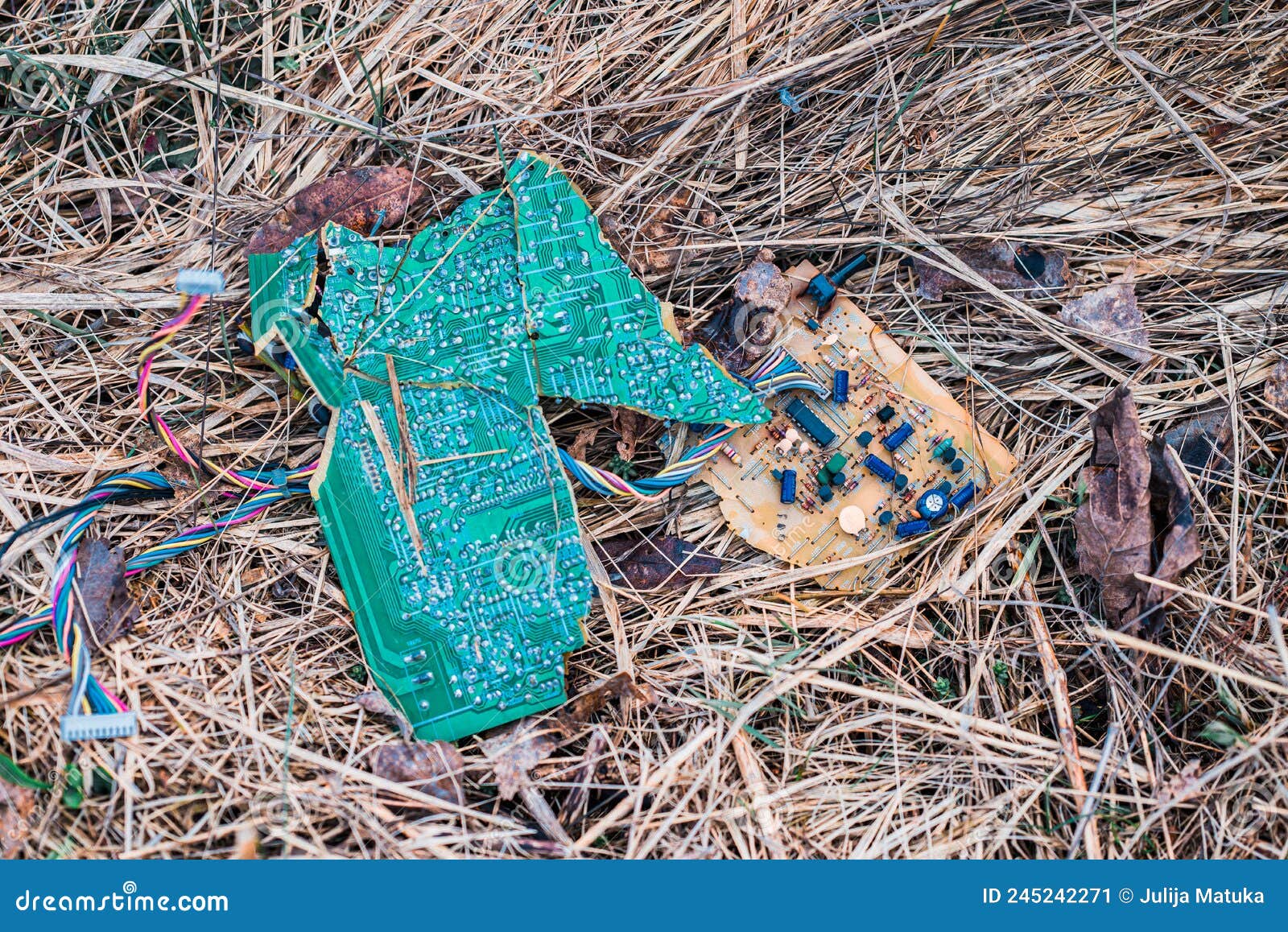 A Broken Computer Motherboard Lies in Dry Grass. the Concept of ...