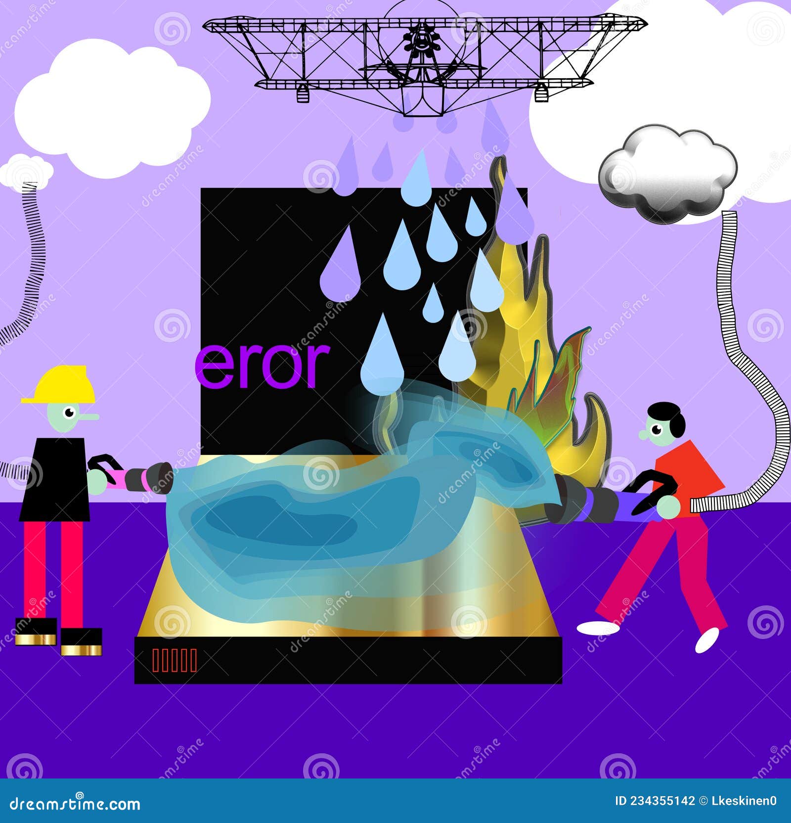 Illustration, Broken Computer Teamwork Repair Fight Fire Stock ...