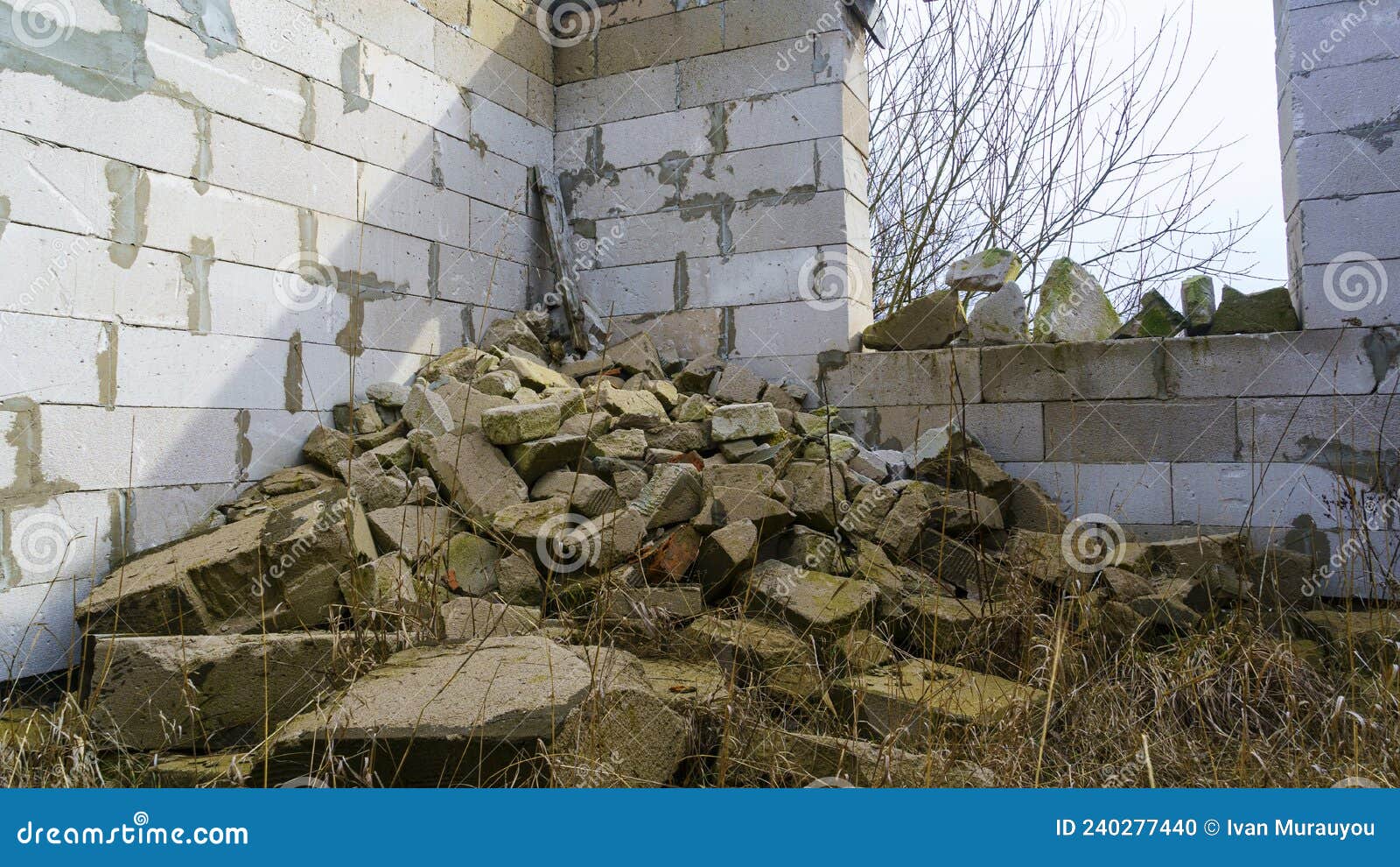 Broken Concrete Blocks and Bricks on White Wall Background ...