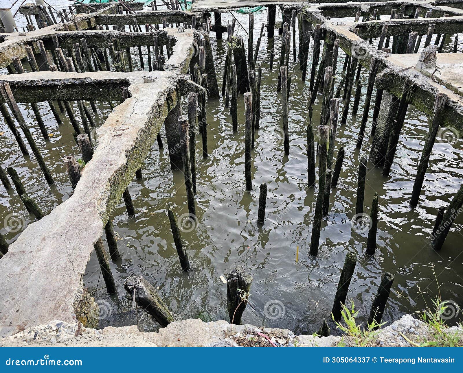 Broken Concrete Pier at the River Bank. Stock Image - Image of bank ...