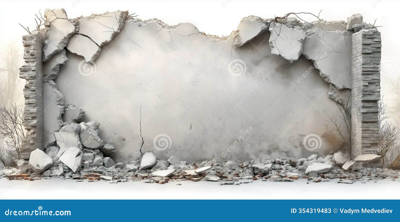 Broken Concrete Wall Isolated on White Background. Large Chunks Missing ...
