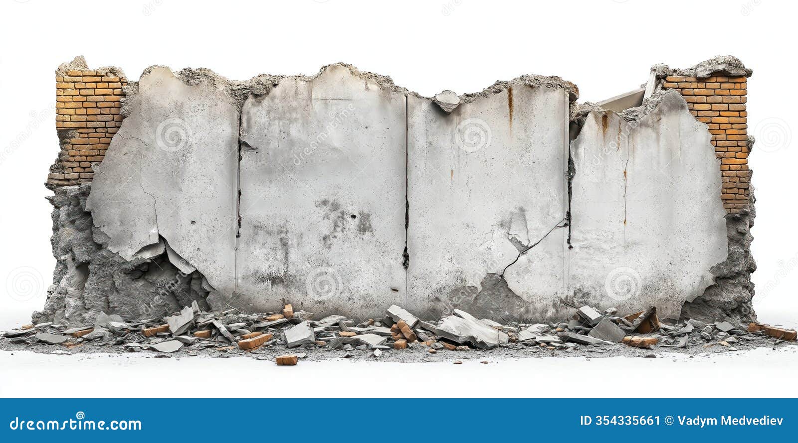 Broken Concrete Wall with Large Chunks Missing Isolated on White ...