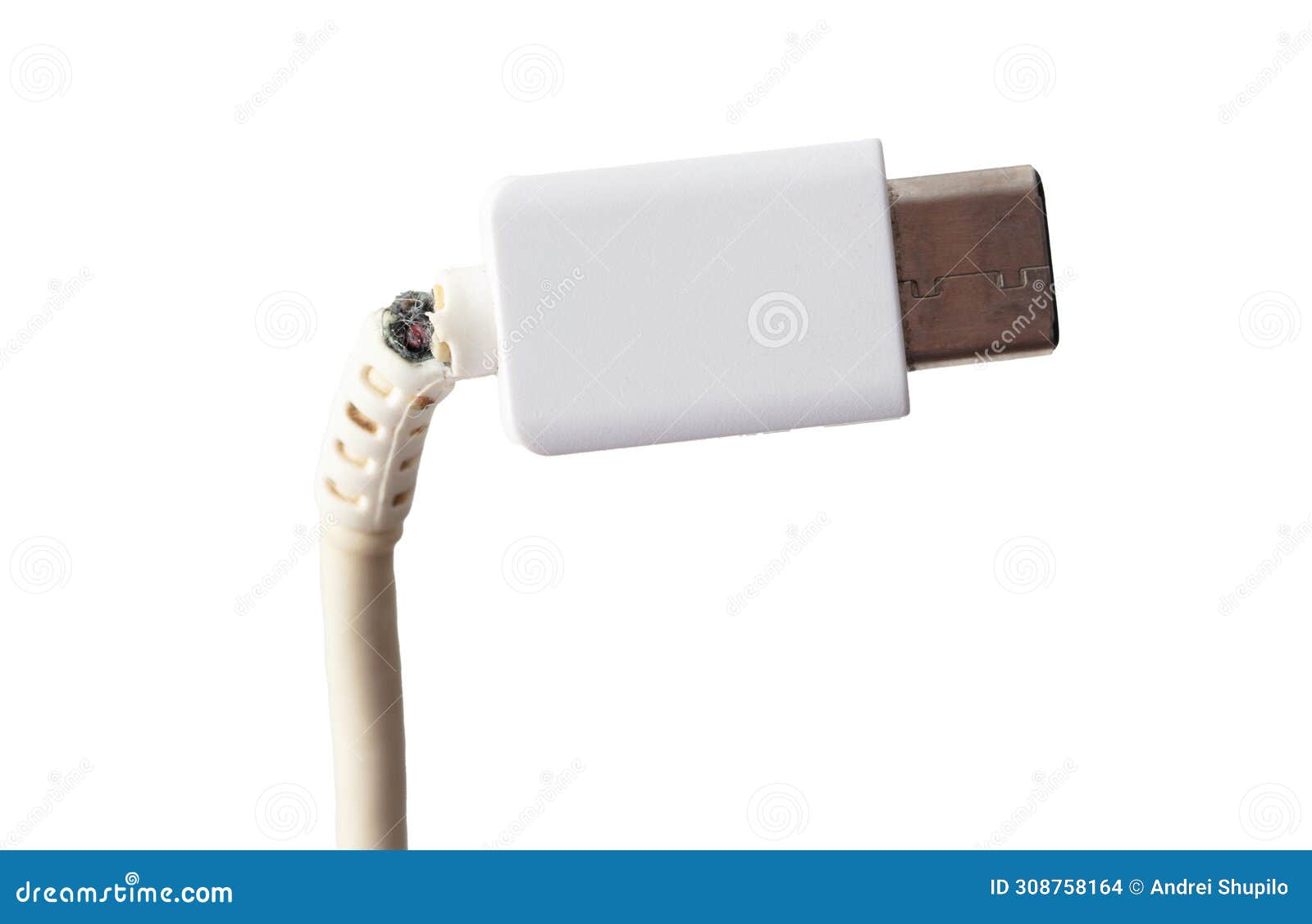 Broken Cord on USB Plug Isolated on White Background. Macro Stock Photo ...