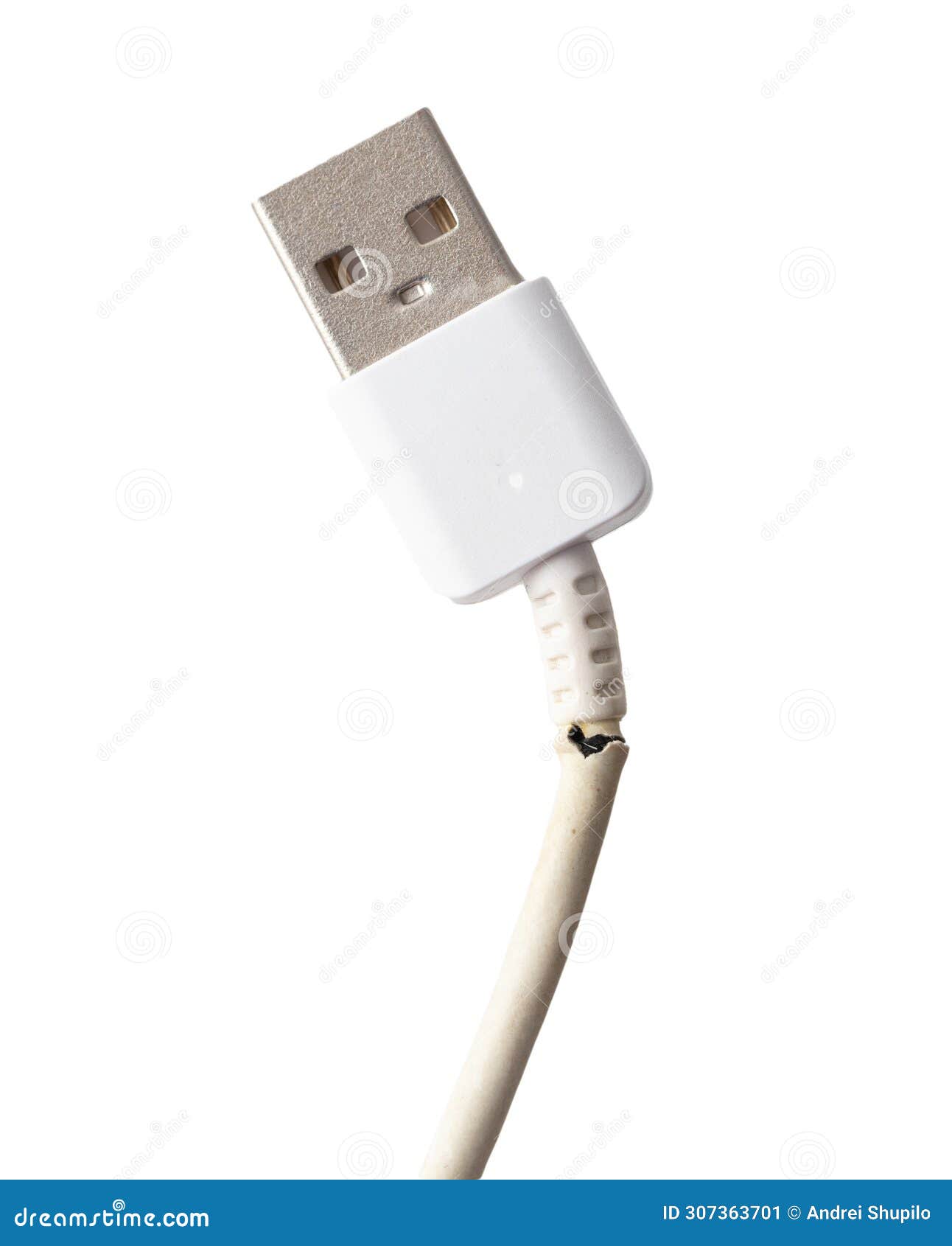 Broken Cord on USB Plug Isolated on White Background. Macro Stock Image ...