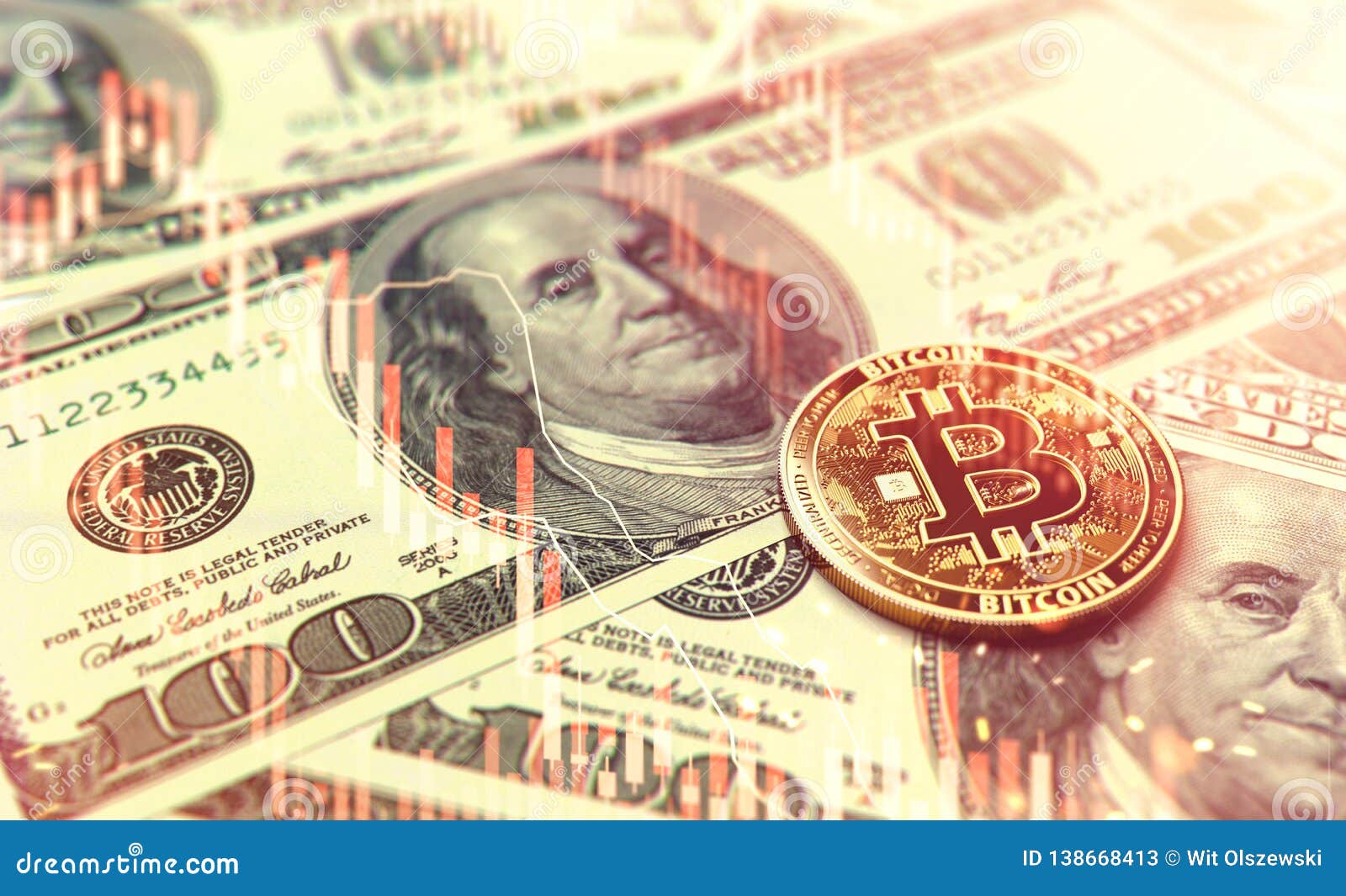 Broken or Cracked Bitcoin on Dollar Banknotes. Bitcoin Price Plummeting ...