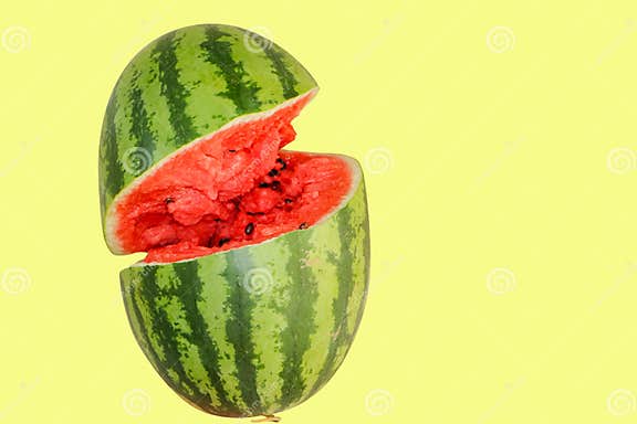 Broken Crashed Smashed Watermelon on Yellow Background Stock Photo ...