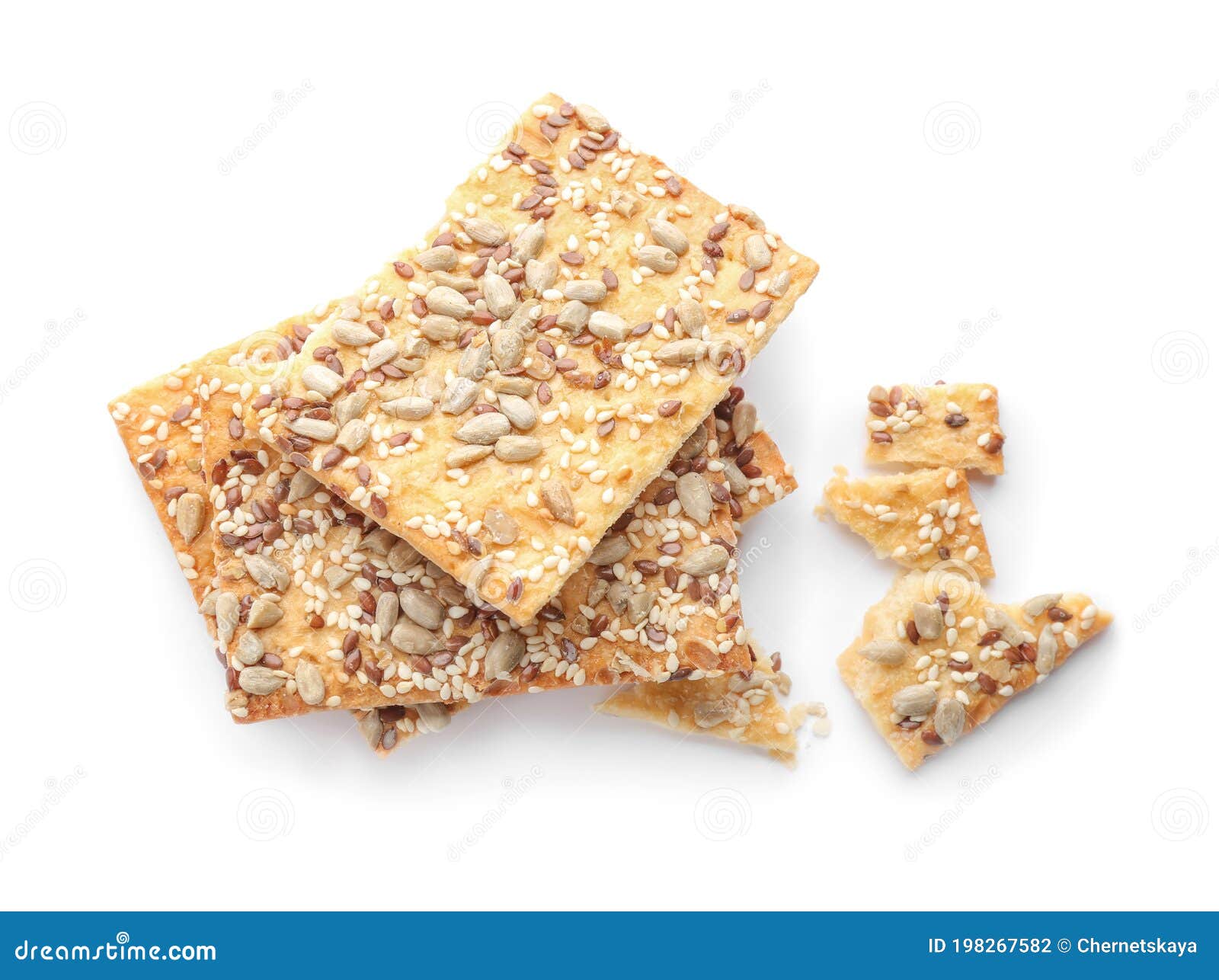 Broken Crispy Crackers with Different Seeds Isolated on White Stock ...