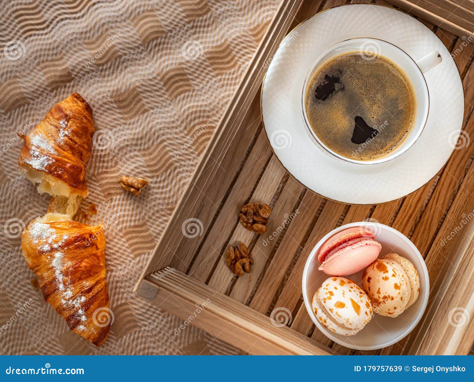 Broken Croissant with Box with Cup of Coffee and Bowl with Colored ...