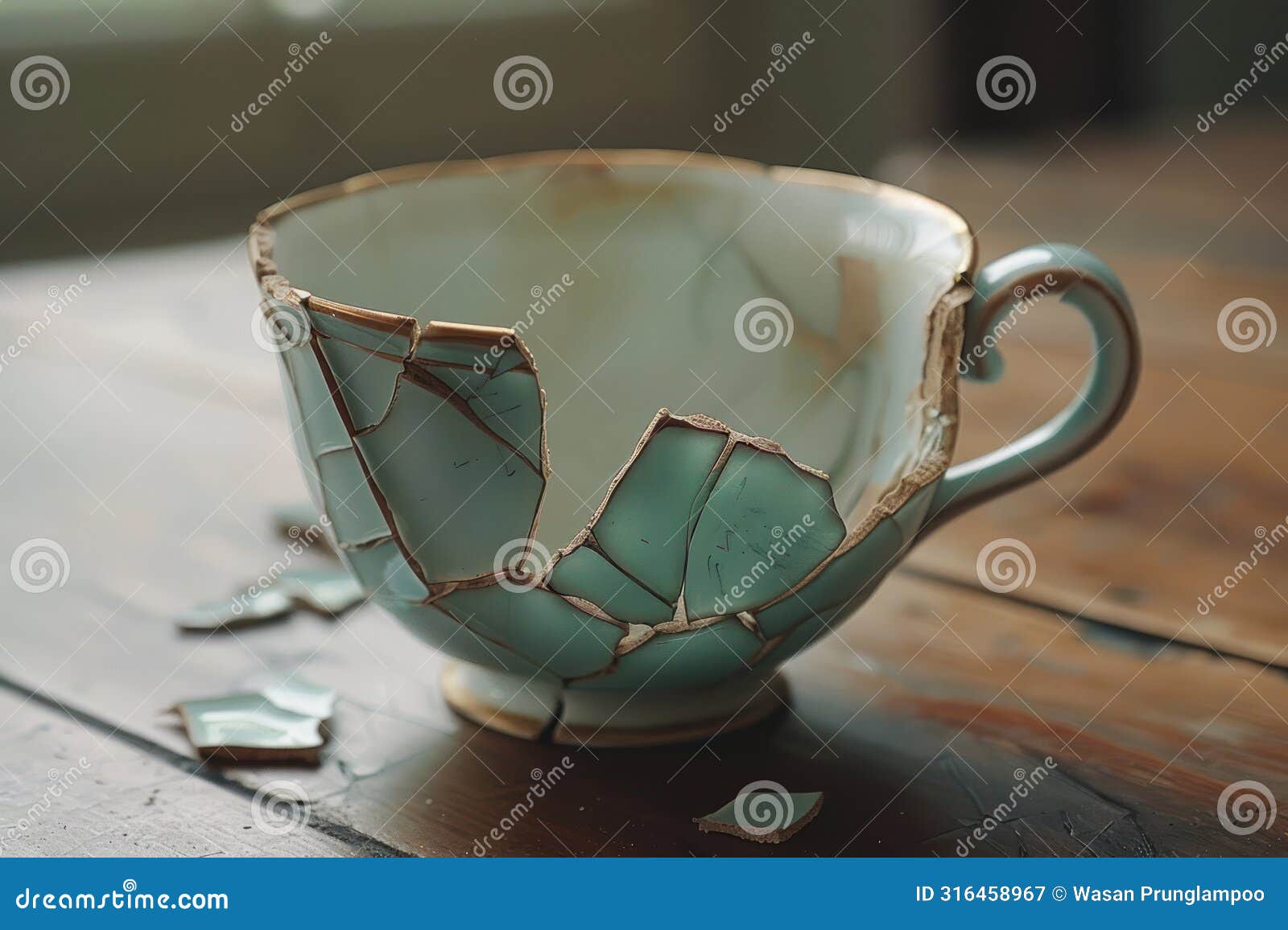 A Broken Cup with Gold Accents Sits on a Wooden Table Stock Image ...