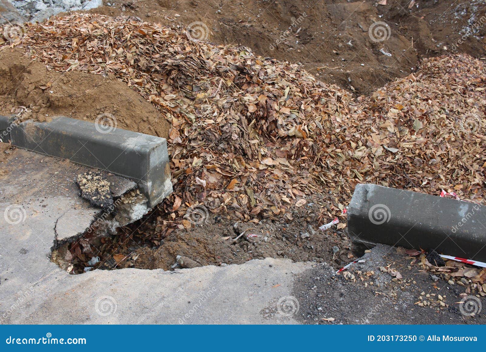 Broken Curb on the Street with a Pit Destroyed Littered with Garbage ...