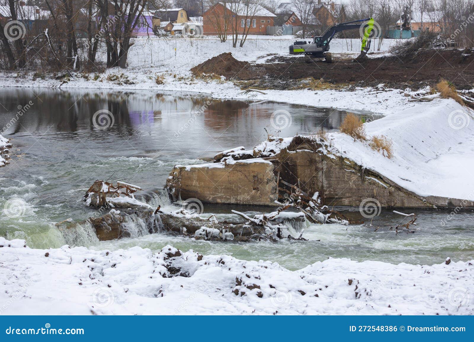 Broken Dam on the River in Spring Stock Photo - Image of engineering ...