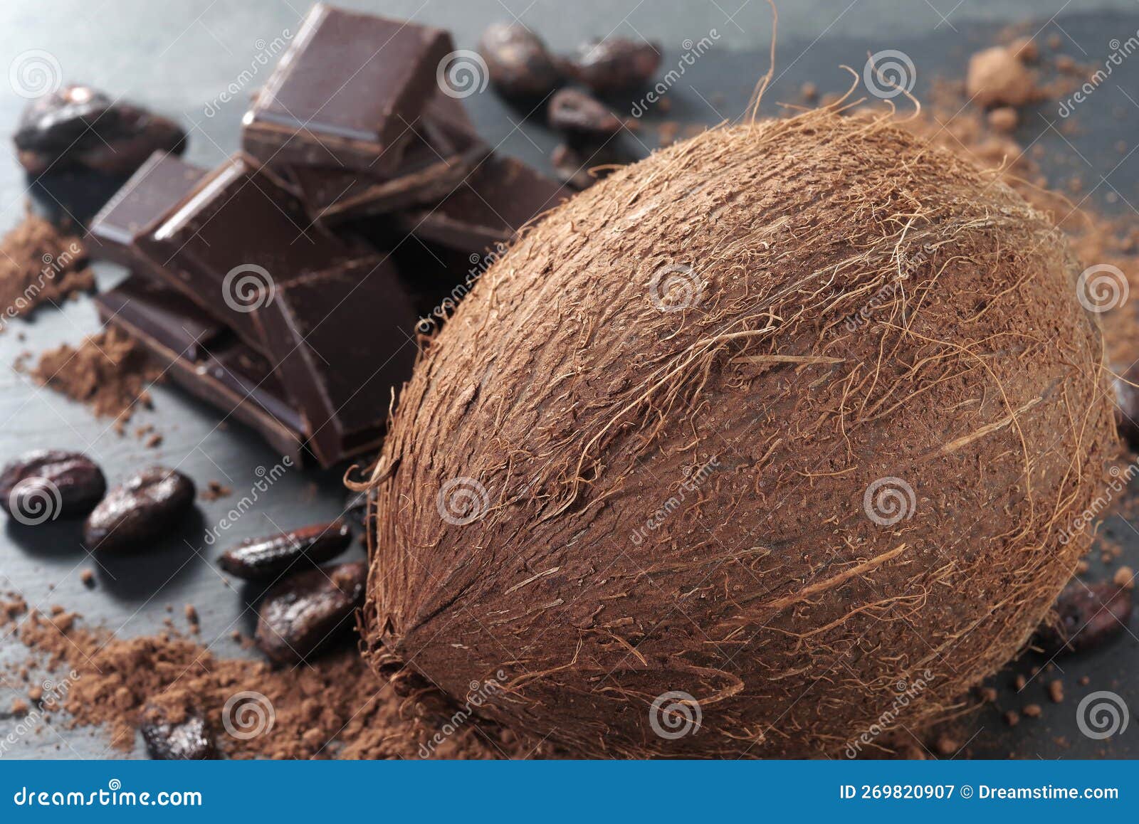 Broken Dark Chocolate and Cocoa Beans and Coconut Stock Image - Image ...