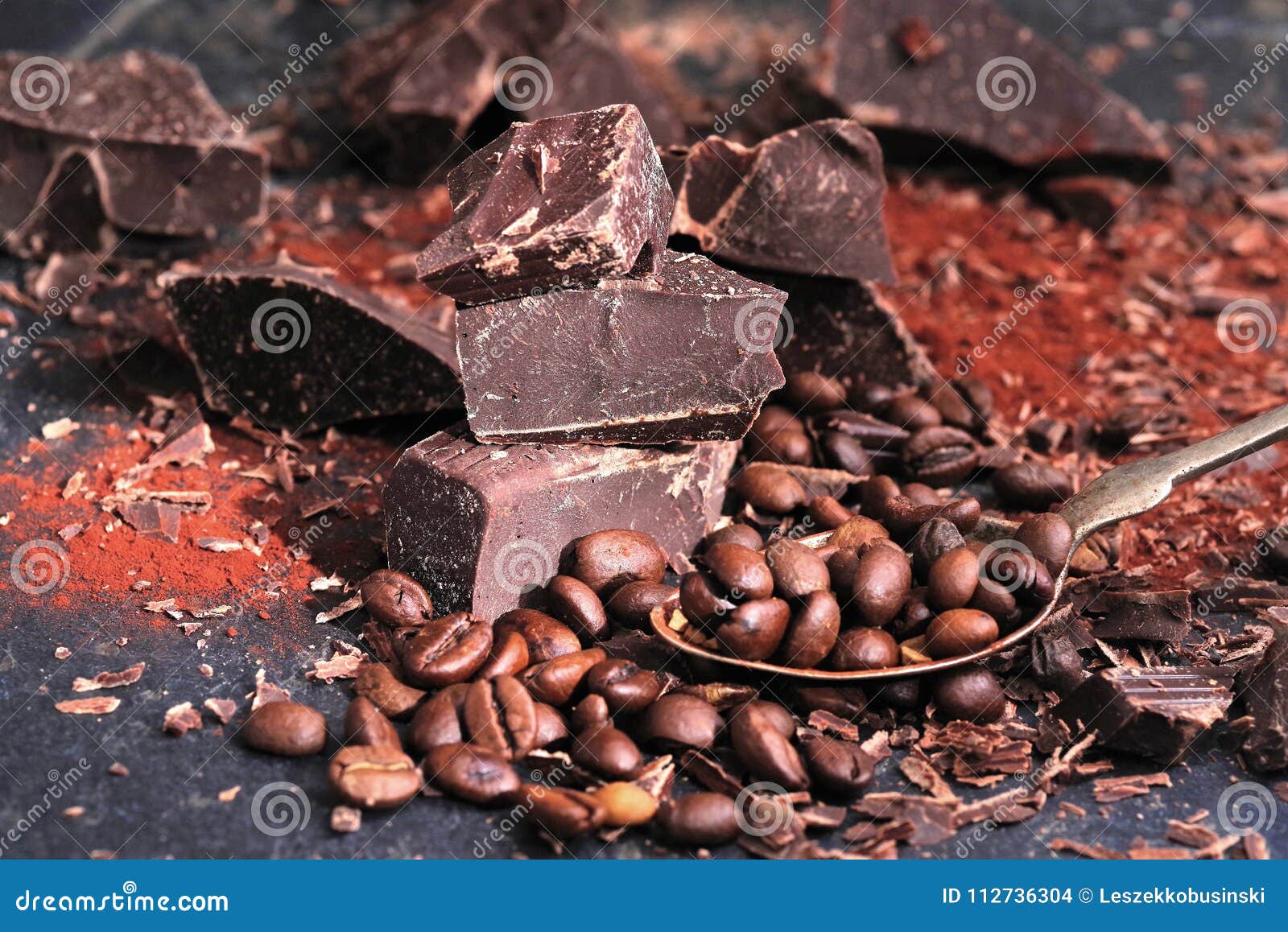 Broken Dark Chocolate, Cocoa Powder and Coffee Beans Stock Photo ...
